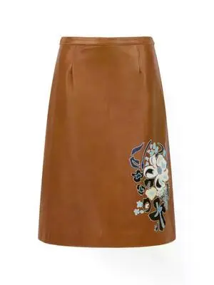 Marni Floral Intarsia Leather Skirt Brown