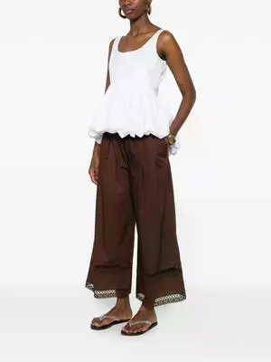 TWINSET Wide Leg Poplin Trousers With Embroidered Trim - Brown