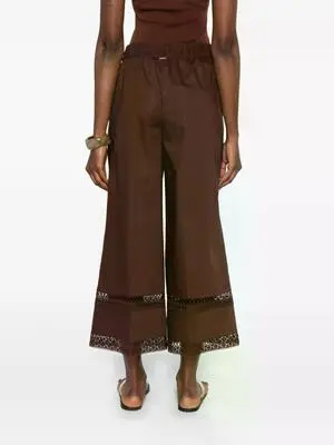 TWINSET Wide Leg Poplin Trousers With Embroidered Trim - Brown
