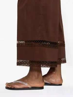 TWINSET Wide Leg Poplin Trousers With Embroidered Trim - Brown