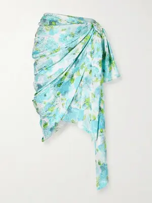 Chloé Floral-print Silk-jacquard Draped Midi Skirt - Blue