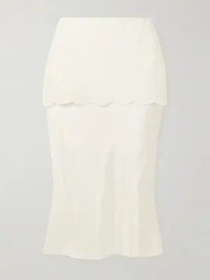 Posse Cove' Embroidered Tulle-trimmed Silk-blend Midi Skirt - Neutrals