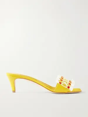 Manolo Blahnik Moremu 50 Raffia-trimmed Leather Mules