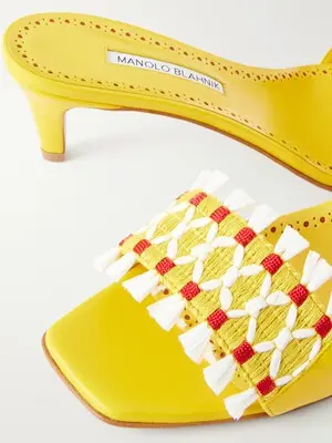 Manolo Blahnik Moremu 50 Raffia-trimmed Leather Mules