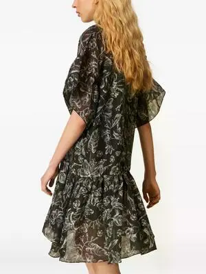 TWINSET Short Ramie Floral Shirt Dress - Black
