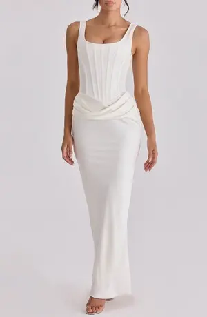 House Of Cb Kira Corset Bodice Satin Gown - Ivory