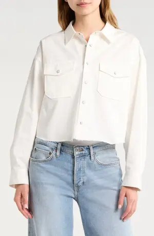 RE/DONE Camper Raw Hem Crop Snap-up Twill Shirt - Blanco