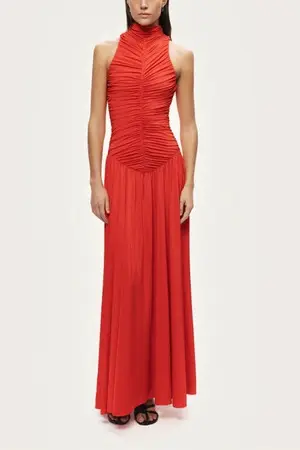 NOCTURNE Ruched High-neck Maxi Dress - Red