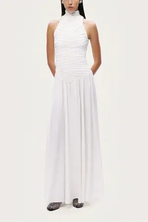 NOCTURNE Ruched High-neck Maxi Dress - White