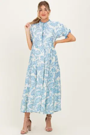 PINKBLUSH Paisley Print Tiered Maternity Midi Dress - Light Blue