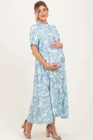PINKBLUSH Paisley Print Tiered Maternity Midi Dress - Light Blue