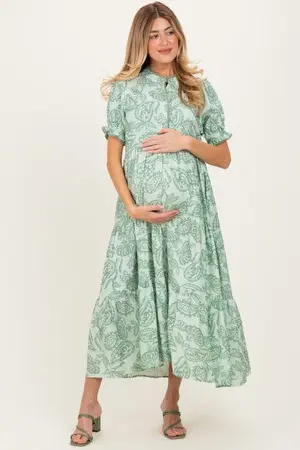PINKBLUSH Paisley Print Tiered Maternity Midi Dress - Light Olive