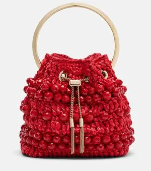 JIMMY CHOO Bon Bon Small Beaded Raffia Bucket Bag