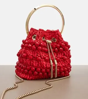 JIMMY CHOO Bon Bon Small Beaded Raffia Bucket Bag