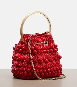 JIMMY CHOO Bon Bon Small Beaded Raffia Bucket Bag