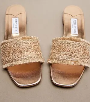 JIMMY CHOO Joa Embroidered Woven Slides - Gold