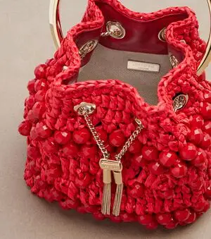 JIMMY CHOO Bon Bon Beaded Raffia Bucket Bag - Red