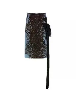 FERRAGAMO Printed Silk Skirt With Fringe Detail - Blue