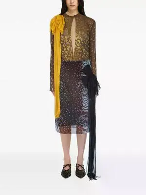 FERRAGAMO Printed Silk Skirt With Fringe Detail - Blue