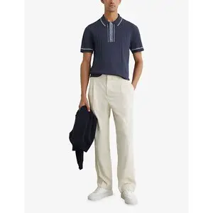 REISS Rothwell Short-sleeved Knitted Polo Shirt - Navy