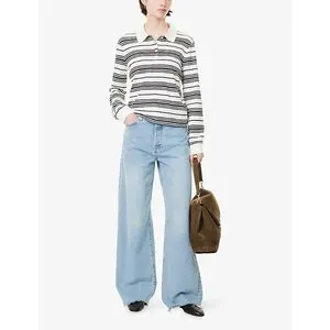 FRAME Striped Long-sleeve Linen-blend Polo Top