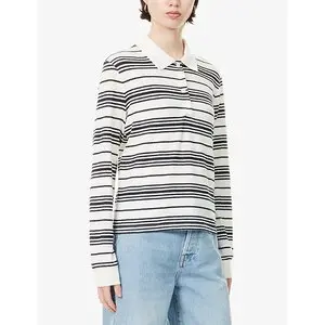 FRAME Striped Long-sleeve Linen-blend Polo Top