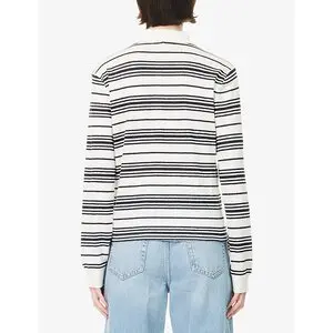 FRAME Striped Long-sleeve Linen-blend Polo Top