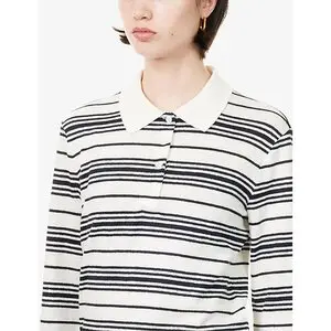 FRAME Striped Long-sleeve Linen-blend Polo Top