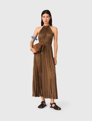 Maje Pleated Halterneck Maxi Dress With Smocked Waist