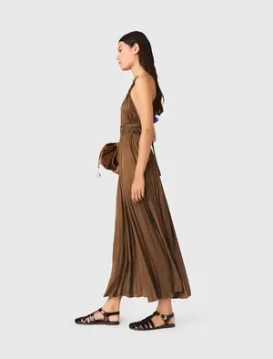 Maje Pleated Halterneck Maxi Dress With Smocked Waist