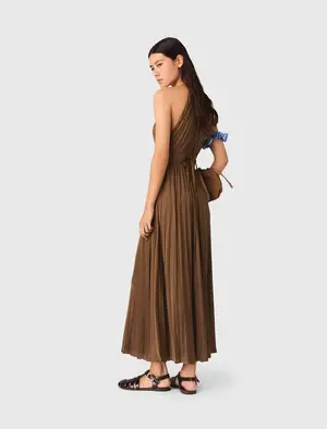 Maje Pleated Halterneck Maxi Dress With Smocked Waist
