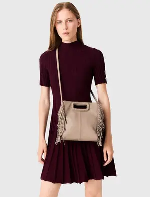 Maje Grained Leather M Bag With Fringe Detail - Mole