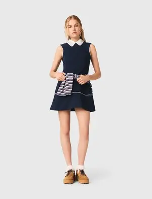 Maje Flared Mini Dress With Embellished Peter Pan Collar And Contrast Trim - Navy