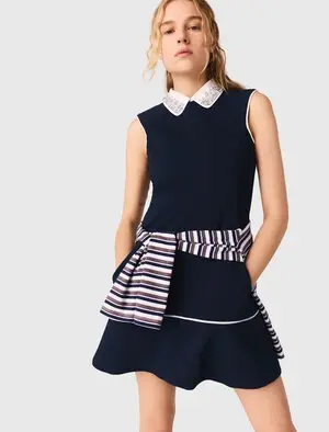 Maje Flared Mini Dress With Embellished Peter Pan Collar And Contrast Trim - Navy