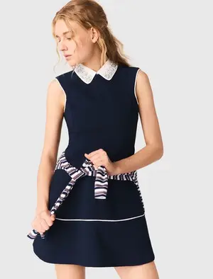 Maje Flared Mini Dress With Embellished Peter Pan Collar And Contrast Trim - Navy