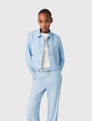 Maje Single-breasted Cropped Jacket With Gold Button Details - Blue Sky
