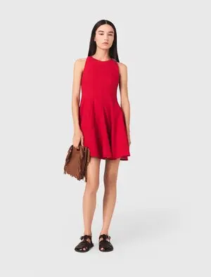 Maje Short Halterneck Flared Linen-blend Dress With Gold Brooch