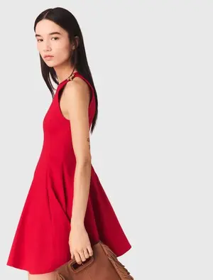 Maje Short Halterneck Flared Linen-blend Dress With Gold Brooch