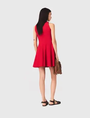 Maje Short Halterneck Flared Linen-blend Dress With Gold Brooch