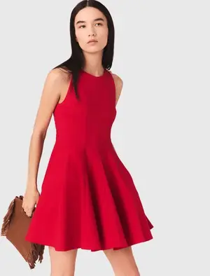 Maje Short Halterneck Flared Linen-blend Dress With Gold Brooch