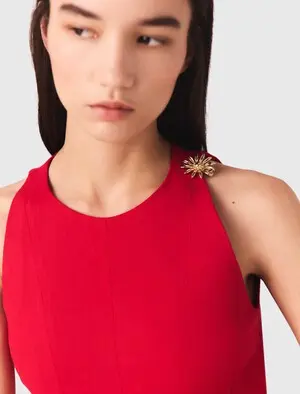 Maje Short Halterneck Flared Linen-blend Dress With Gold Brooch