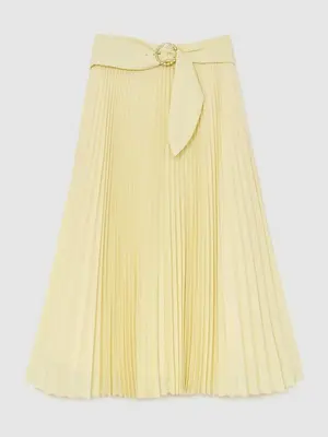 REISS Pleated Belted Midi Skirt - Yellow