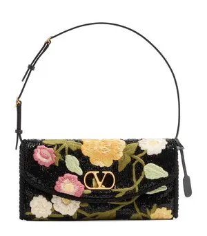 Valentino Garavani Embroidered-floral Devain Shoulder Bag - Black