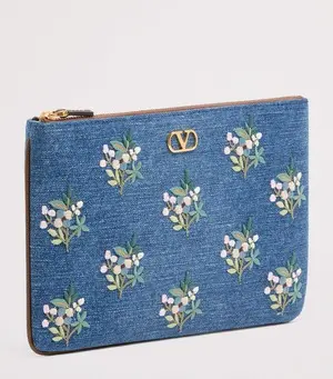 Valentino Garavani Denim Embroidered Vlogo Signature Pouch - Blue