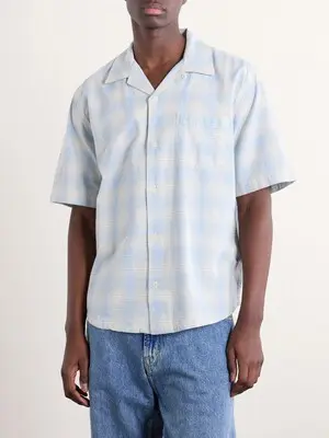 CORRIDOR Camp-collar Checked Cotton And Linen-blend Shirt - Blue