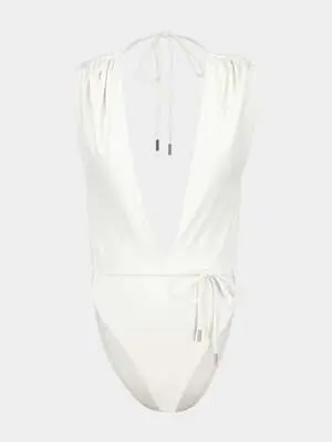 Saint Laurent Backless V-halter One-piece Swimsuit - White