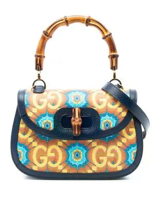 Gucci 2016-2025 100th Anniversary Medium Gg Coated Canvas 1947 Bamboo Top Handle Satchel - Blue