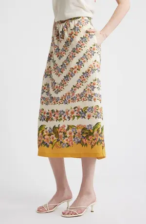 Farm Rio Floral Linen Midi Skirt