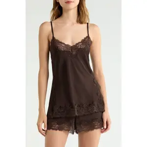 OPEN EDIT Lace Trim Satin Short Pajamas - Brown Mole