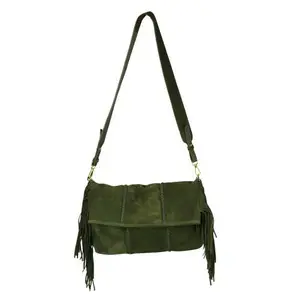 Carlos Falchi Suede Fringe Crossbody Messenger Bag - Olive